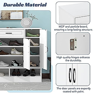 Modern Shoe Cabinet with Adjustable Shelves and Sturdy Top Surface, Wood Sideboard with 1 Drawers, Multifunctional Storage Cabinet for Entrance Corridor Bedroom (White + Particle Board-035)