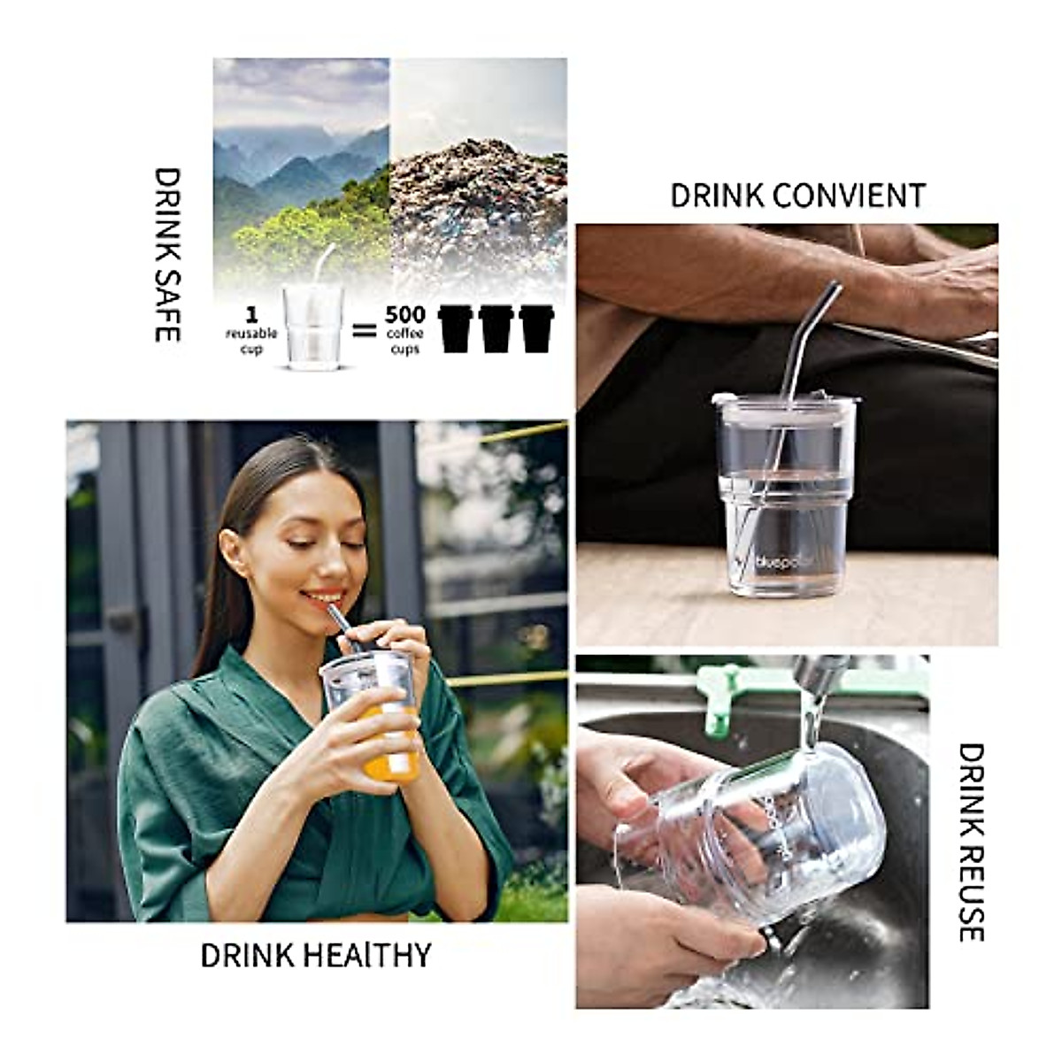BLUEPOLAR 13oz/400ml Glass Water Tumbler with Straw and Lid Sealed Carry On Thick Wall Iced Coffee Cup Glass Cup for Water, Iced Tea Fruit Juice Etc(Aurora White