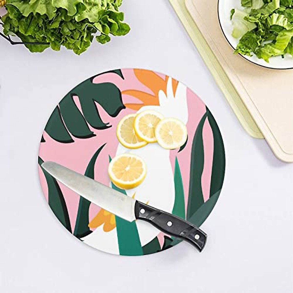 White Parrot Tempered Glass Cutting Board Heat Resistant For Bread Meat Fruit 7.9 in