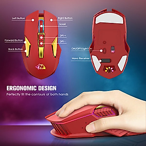 FELICON Wireless Gaming Mouse Rechargeable with Rainbow RGB Backlit,Optical Sensor 3 Level DPI,Ergonomic Gamer Laptop High Performance PC Mice with 8 Buttons for Windows 7/8/10/XP Vista（Red）