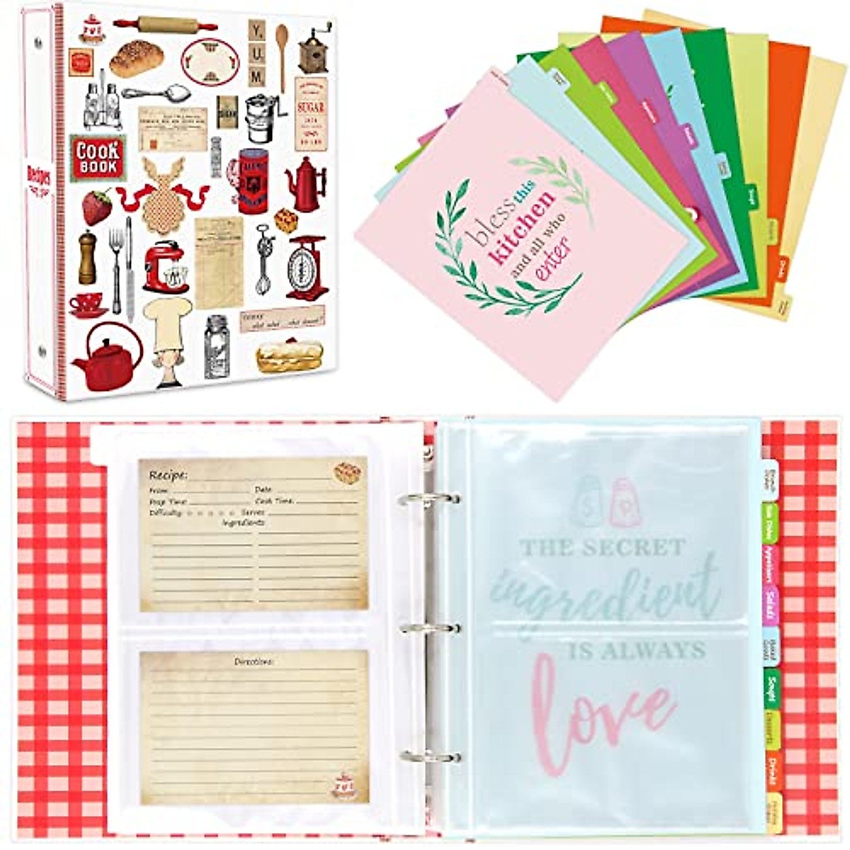 Recipe Binder Book Organizer Keeper Kit 50 PCS Recipe Cards 10 Dividers 50 Plastic Sleeves 3 Ring 8.5 X 9.5 inch Gifts