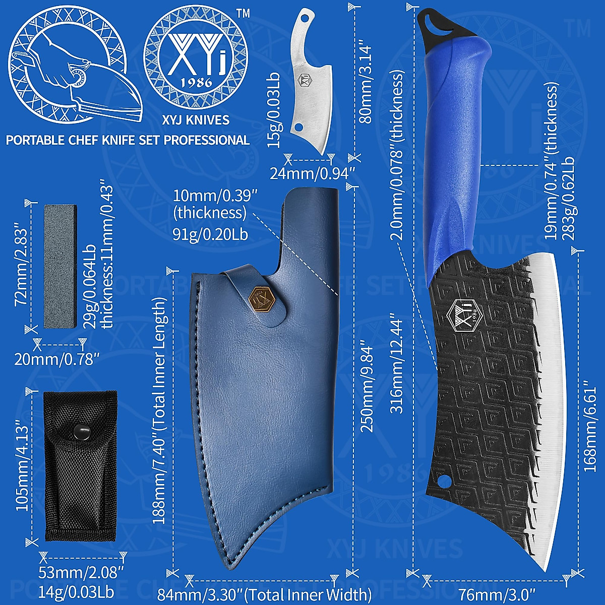 XYJ Portable Chef Knife Set Professional,Since 1986,Chopping Veggies Knives,Oudoor Camping Kitchen Knife With Carry Sheath&Bag,Hammer Finish Blade,Full Tang (7 Inch)