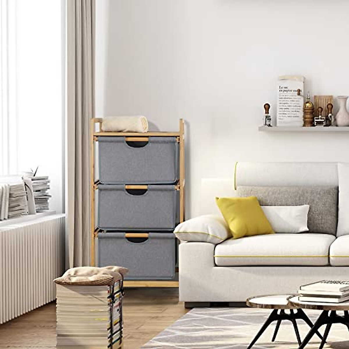 Basket Storage Drawers Unit 3-Tier Laundry Basket Bathroom Dresser Tower Organizer with Bamboo Frame and Pull-Out Fabric Baskets