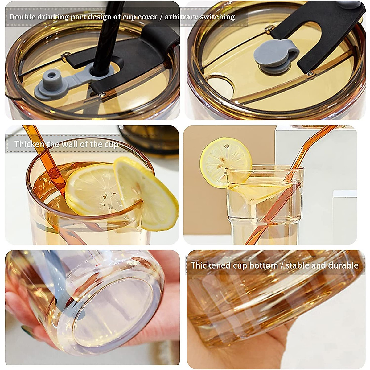 Glass Water Bottles,15oz Glass Tumbler Wide Mouth Mason Jar with Lid and Straw,2 Drinking Ports Aesthetic Cups,Reusable Drinking Jars for Tea, Beer,Iced Coffee,Honey,smoothies,Juice etc (Amber)