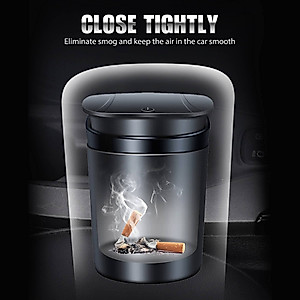 Car Ashtray with Lid Smell Proof, Smokeless Ashtray, Mini Car Trash Can, Detachable Stainless Steel Ash Tray with Lid and LED Blue Light