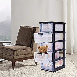 DYRABREST Transparent Plastic Drawers,Simple Storage 5 Drawer Storage Tower, Black Frame with Clear Drawers Storage Cabinet Tall Closet Drawers Organizer for Clothes,Playroom,Bedroom Furniture