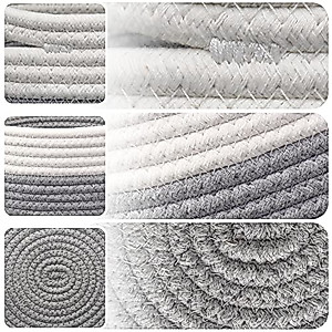Small Rope Basket small basket Round woven basket with Handle Cute Cotton Basket 9.5 * 9.5 * 7.1 inches Nursery Shelf Small Storage Basket Splicing Grey White Color Design Style Capacity 8.2L