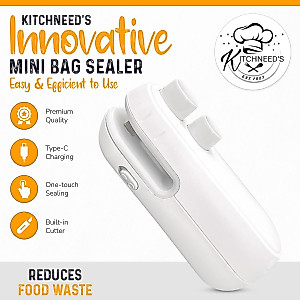 KITCHNEED'S MINI BAG SEALER, Preserve Freshness and Reduce Food Waste,2-in-1 Sealer & Cutter, Rechargeable, Quick and Easy.