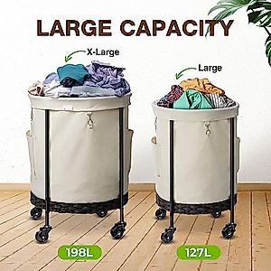 Greenstell Laundry Hamper with Lid, 198L Large 2 sections Rolling Laundry Basket with wheels, Round Laundry Cart with Rattan Tray and Removable Bag, Metal Frame, White