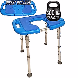 Atlas Deluxe Bariatric Shower/Bath Bench, 600lb. Capacity, Padded with Cutout and Insert. Heavy Duty Shower Chair/Stool with Adjustable Height and XL Seat