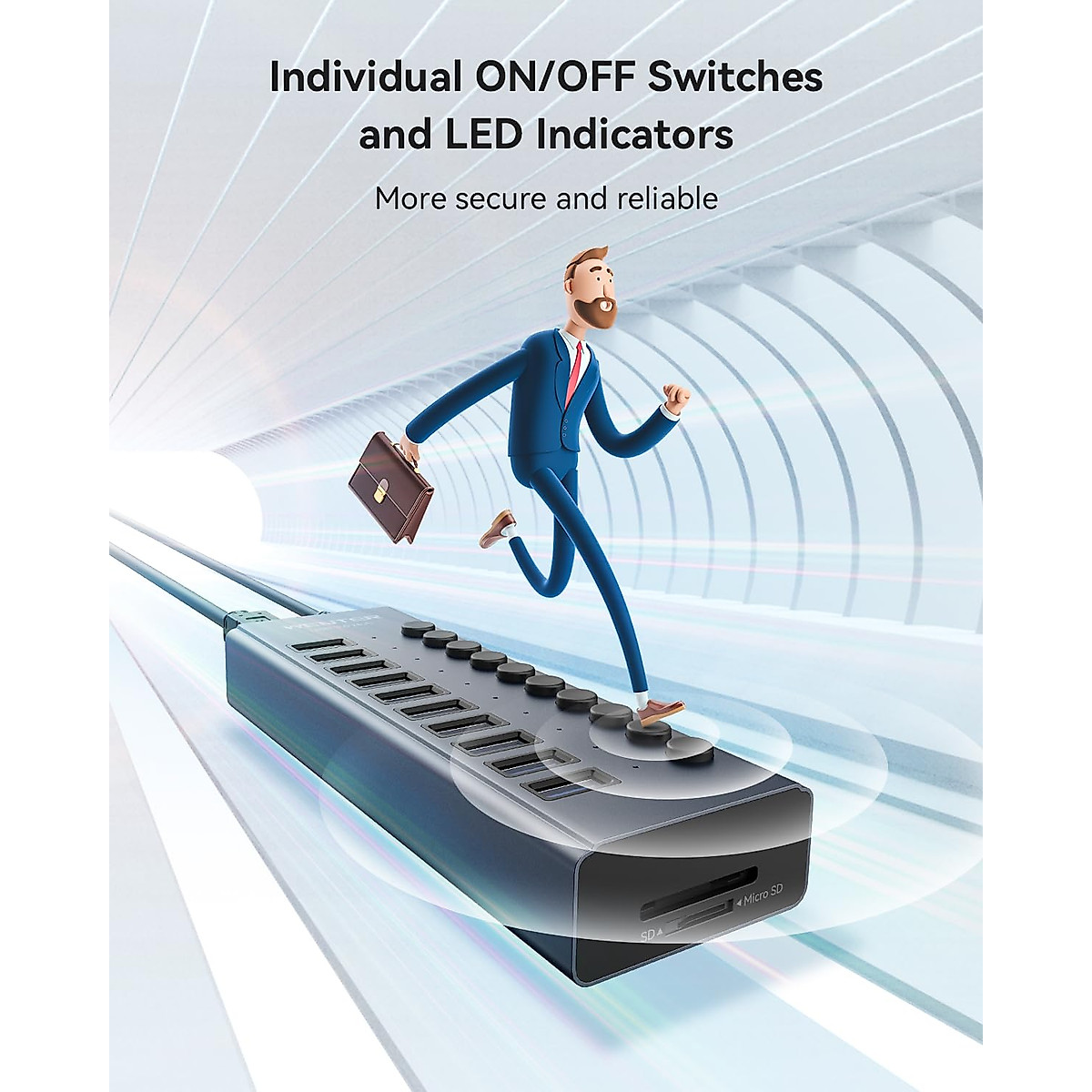 Powered USB 3.0 Hub, Wenter 10 Ports 36W Powered USB Hub, Aluminum USB Splitter with Individual On/Off Switches, SD/TF Card Readers and 12V/3A Power Adapter for PC/Laptops/MacBook Pro/Air/iMac/iPad