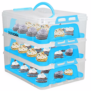 DuraCasa Cupcake Carrier, Cupcake Holder | Premium Upgraded Model Holds Cupcakes Steadier | Store up to 36 Cupcakes or Muffins | Stacking Cupcake Storage Container | Use 1,2, or 3 Tiers (Blue)
