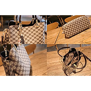 Eightown Beige Tote Bag for Women - Designer Top Handle Bag with Flowers Printing - High-capacity Shoulder Purse with Tassel Pendant(Brown strap)