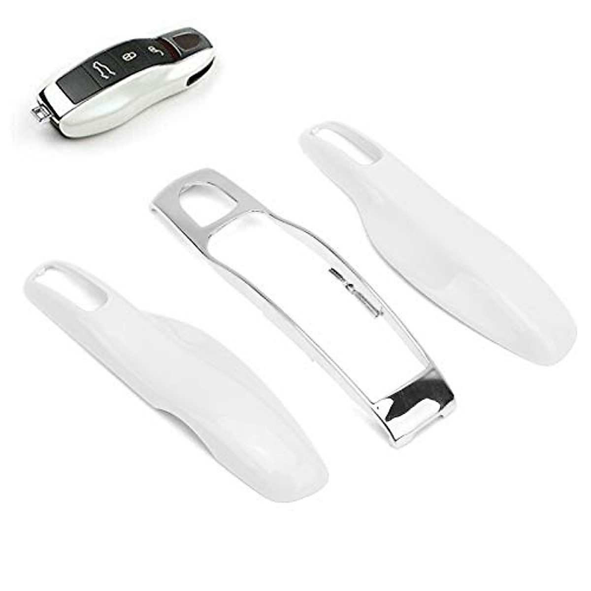 Car Key Case For Porsche 911 Panamera Macan Boxste Key Fob Protector Cover Shell Case Trim Replacement (White + Silver)