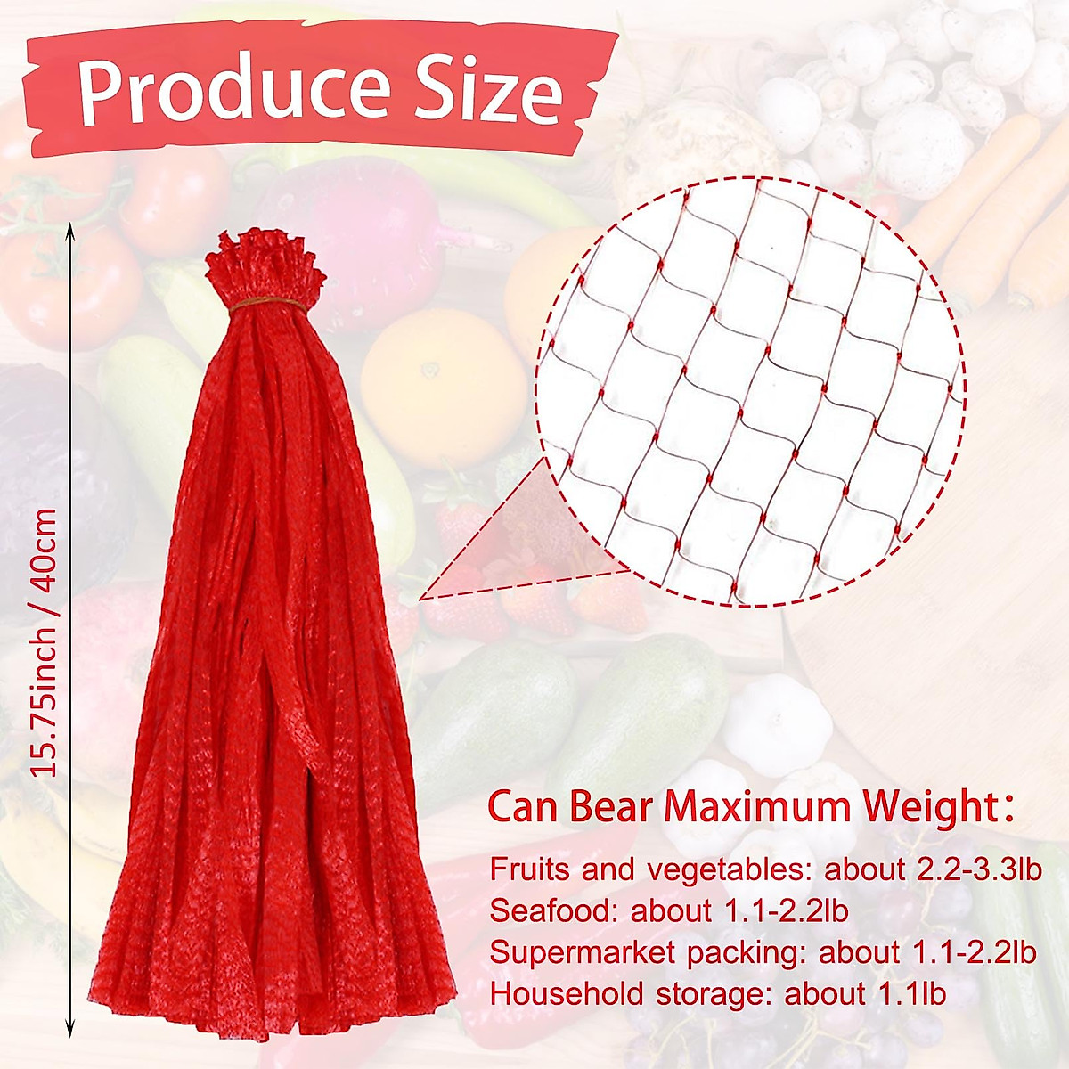 COTELEEC 100Pcs Reusable Mesh Produce Bags, 16 Inch Stretchable Mesh Vegetable Bags for Vegetables Onion Potato Storage Fruits Seafood (100Pcs-red)