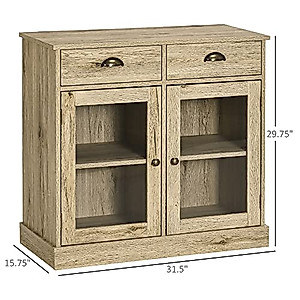 HOMCOM Farmhouse Sideboard Buffet Cabinet, Kitchen Cabinet with 2 Glass Doors, Coffee Bar Cabinet with Adjustable Shelves and 2 Drawers for Living Room, Oak