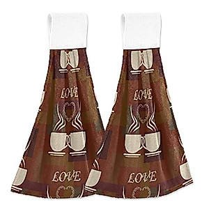 FFYHO 2 Pack Retro Coffee Kitchen Towel with Hanging Loop Quality Fall Theme Decorative Dish Towels Soft Coral Velvet Hand Towels for Bathroom Washcloth Absorbent Tie Towel