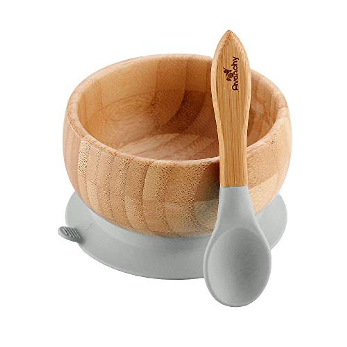 Avanchy Bamboo Baby Bowl & Spoon - 5" x 3" + Avanchy Bamboo Baby Suction Plate - 7" x 2" (Gray)