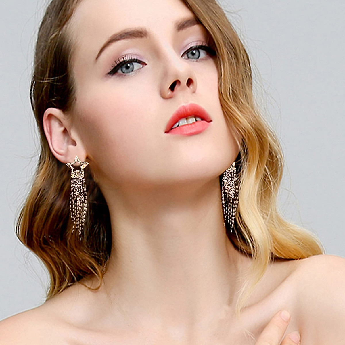 GUOXIAOMEI Bling Women Tassel Earrings Star Ear Stud Pave Crystal Dangle Earrings Boho Waterfall Beaded Fringe Drop Earring (Gold)