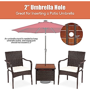 HAPPYGRILL 3-Piece Patio Bistro Set with Coffee Table & Umbrella Hole, Rattan Wicker Chairs Set with Umbrella Stand Table, Soft Cushions, Outdoor Furniture Set for Balcony Porch Poolside Garden