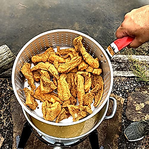 Bayou Classic 2212 Aluminum Fish Cooker Features 10-qt Aluminum Fry Pot w/ Basket 5-in Stainless Thermometer 4-in Cast Aluminum Burner 19-in Tall Steel Frame 5-psi Regulator w/ 29-in Stainless Hose