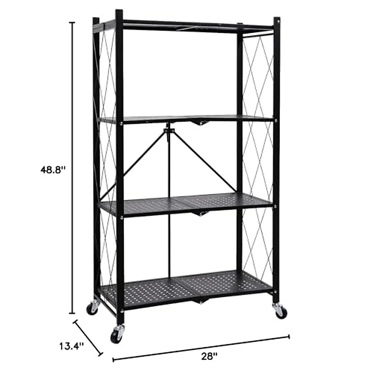 Foldable Storage Shelves on Wheels, 4 Tier Shelves for Storage, Heavy Duty Metal Shelving Units, No Assembly Storage Rack for Garage, Kitchen, Basement, Pantry, Black