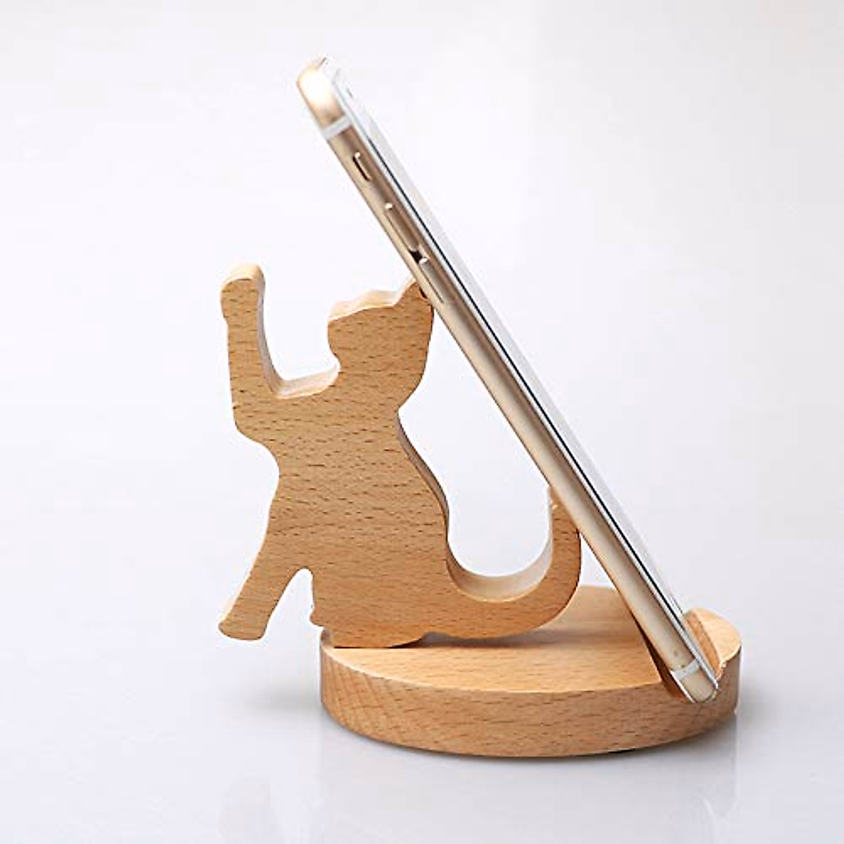 MHKBD Cute Cat Cell Phone Stand, Wooden Phone Stand Cell Phone Holder Desktop Cellphone Stand Universal Desk Stand for All Smart Phone Desk Decoration, Great Gift for Cat Lover Valentines Gift