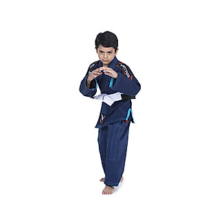 Vector Sports Kids Brazilian Jiu Jitsu BJJ Gi with Free White Belt 100% Cotton Pearl Weave Kimono Ultra Lightweight Preshrunk Fabric (Navy, K2)