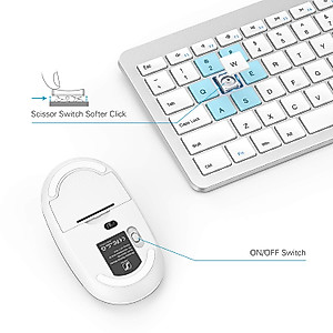 Full Size Slim Thin Wireless Keyboard and Mouse Combo with Numeric Keypad with On/Off Switch - White & Silver