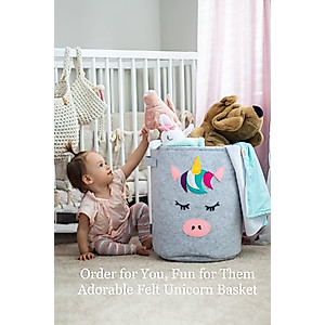 Kids Baby Collapsible Laundry & Toy Basket – Felt Baby Hamper with Strong Handles & Cute Design – Boys & Girls Storage Organization Nursery by Sannomiya - Unicorn