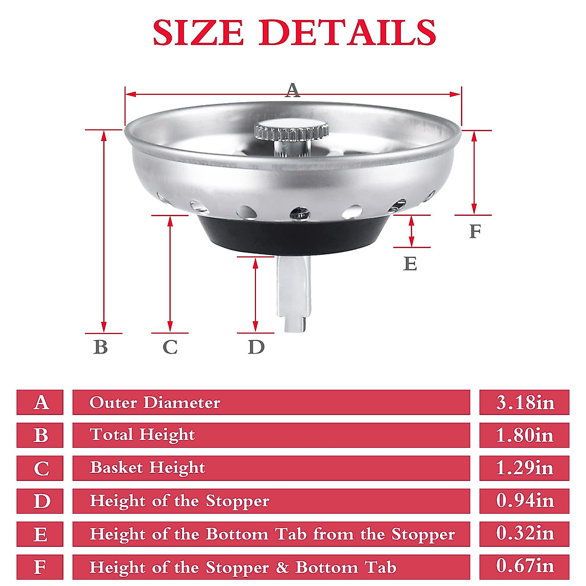 HOMER 2 Pcs Stainless Steel Kitchen Sink Basket Strainer Replacement for 3-1/2 Standard Drain, Kitchen Sink Strainer and Stopper, Basket Replacement with Metal Center Knob, Rubber Stopper Bottom