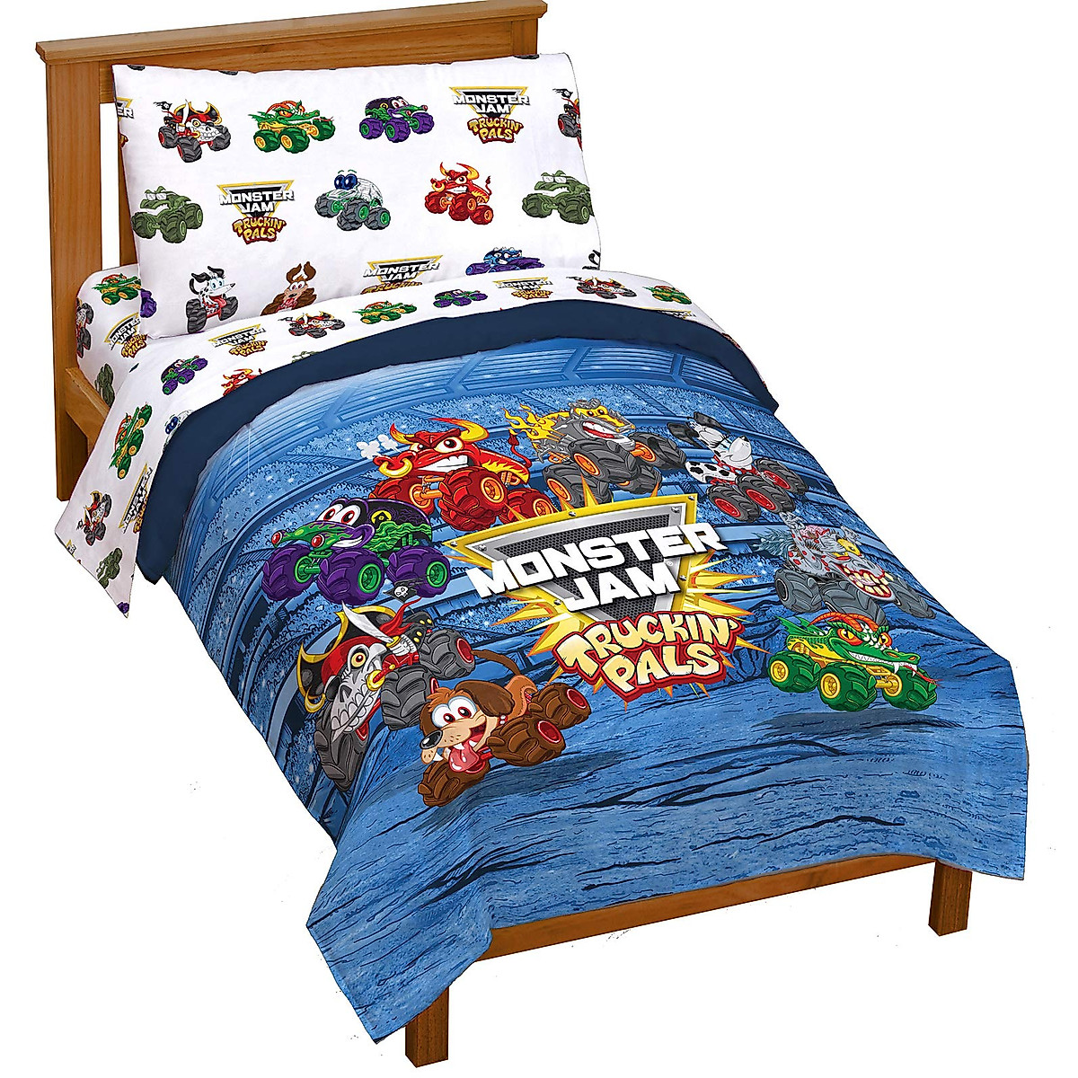 Jay Franco Monster Jam Truckin' Pals 4 Piece Toddler Bed Set - Includes Comforter & Sheet Set - Bedding Features Grave Digger & Megalodon - Super Soft Fade Resistant Microfiber