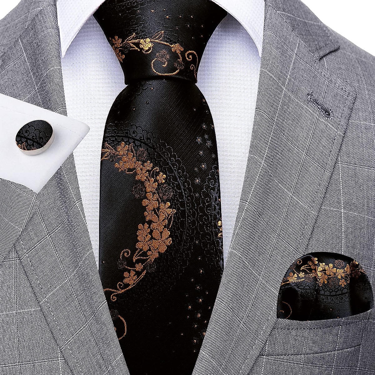 Barry.Wang Flower Ties for Men Handkerchief Cufflinks Set Wedding Necktie Set Party