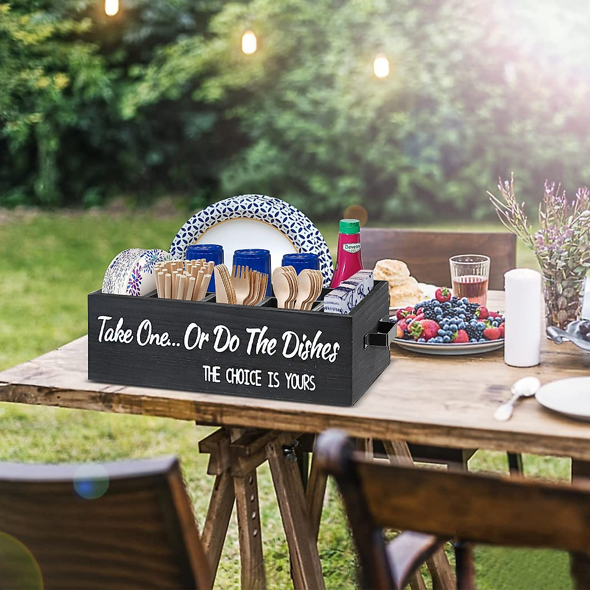 Kitchen Countertop Paper Plate Holders Utensil Caddy, Wood Utensil Holder Organizer for Plate Cup Fork Knives Spoon Napkin, Silverware Caddy Holder Condiment Caddy Organizer for Party Camping BBQ