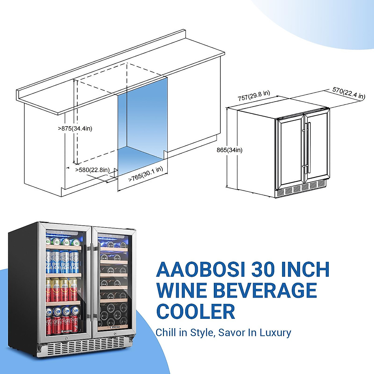 AAOBOSI 30 Inch Wine and Beverage Cooler, 31 Bottles & 110 Cans Wine Fridge, Glass Door Dual Zone Wine Refrigerator Freestanding and Built-in, Digital Temperature Control, Blue LED Display Light