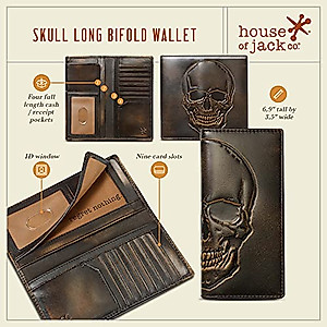 House of Jack Co. SKULL Long Wallet For Men | Full Grain Leather with Hand Burnished Finish | Long Bifold Wallet | Rodeo Wallet | Biker Gift