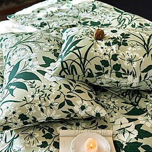 MKXI Green Floral Duvet Cover White Flowers Patterned Tropical Bedding Set Queen Size Print Duvet Cover Set for Girls Generous Plant Duvet Cover 100% Cotton Bedding