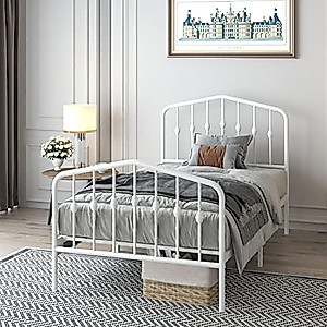 FUIOBYVV Metal Bed Frame Twin Size Platform with Vintage Headboard and Footboard Sturdy Premium Steel Slat Support Mattress Foundation No Box Spring Needed White