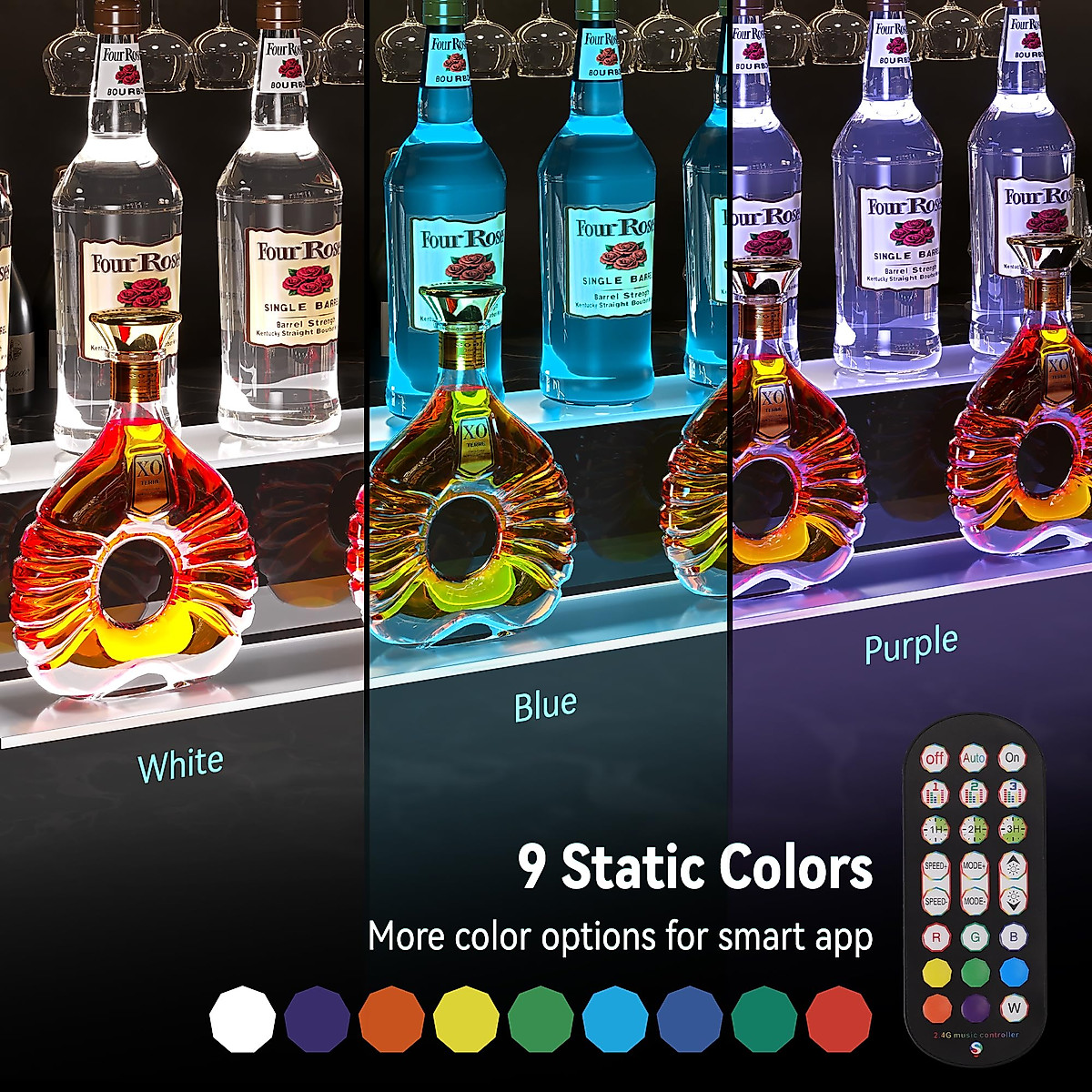 Warmiehomy LED Lighted Liquor Bottle Display Shelf, 16" 2 Step Acrylic Bar Shelves for Liquor Bottles, Alcohol Whiskey Shelves with Smart App & Remote Dual Control for Home Commercial Bar Drinks