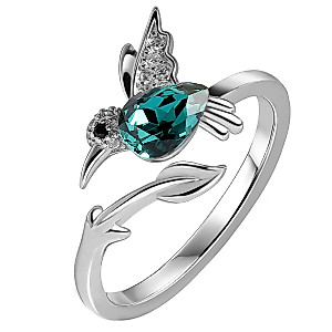 Jewever 925 Sterling Silver Hummingbird ring with Blue Cubic Zirconia for Women Jewelry Gift Silvery Adjustable 6-9#