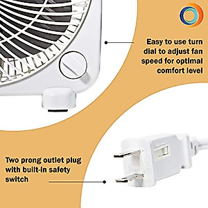 Comfort Zone CZ9BWT Portable 9" 3-Speed Quiet Box Fan for Home, White