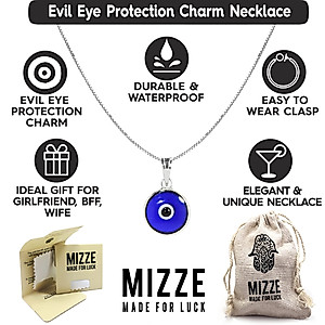 Blue Glass Evil Eye Protection Charm Pendant on 20 Inch Silver Box Chain Necklace for Men & Women - Evil Eye Jewelry in 925 Sterling Silver