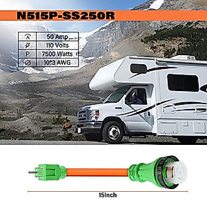 Flameweld RV Adapter Cord - NEMA 5-15P Male to SS2-50R Twist Lock Female, 50 Amp to 15 Amp 110 RV Adapter Cord with Locking Connector, 7500W STW 10/3 AWG RV Generator Cord, UL