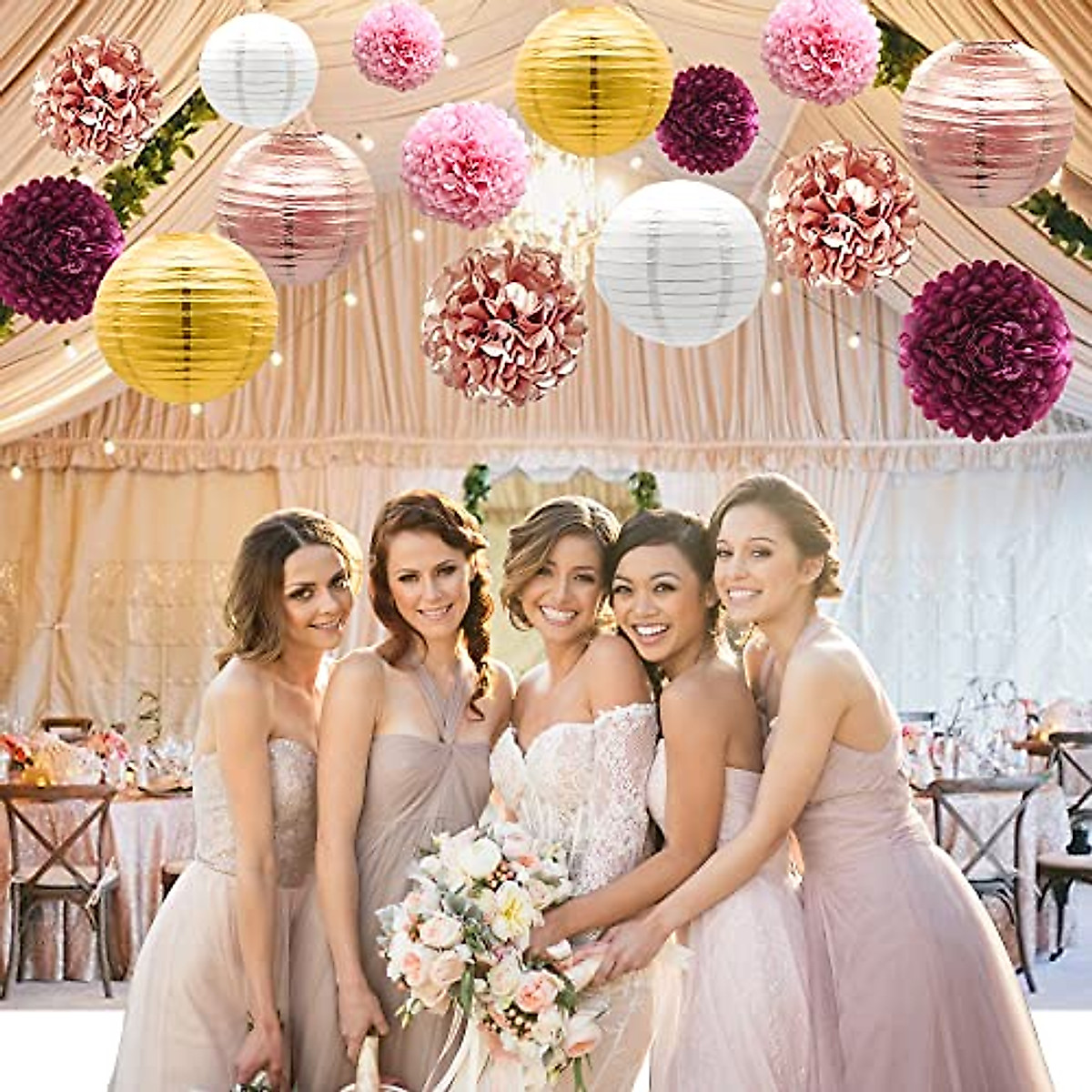 Burgundy Pink Rose Gold Hanging Party Decorations, 15Pcs Tissue Paper Lanterns and Paper Pom Poms Flowers for Graduation Wedding Birthday Bridal Shower