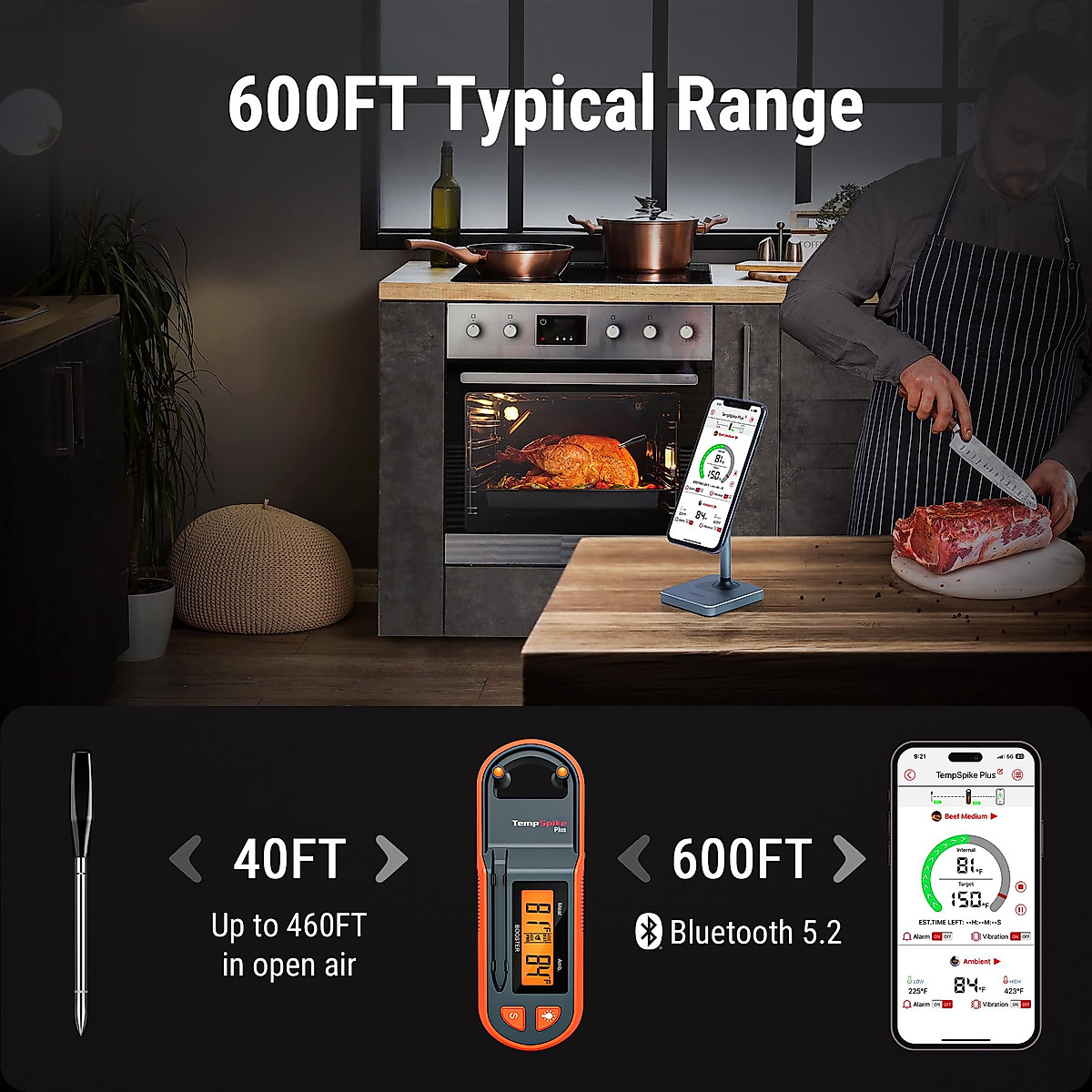 Thermopro TempSpike 600 ft Wireless Meat Thermometer with Ultra-Thinner Probe, Meat Thermometer Digital Wireless with LCD Booster, Bluetooth Meat Thermometer for BBQ Grill Smoker Rotisserie Sous Vide