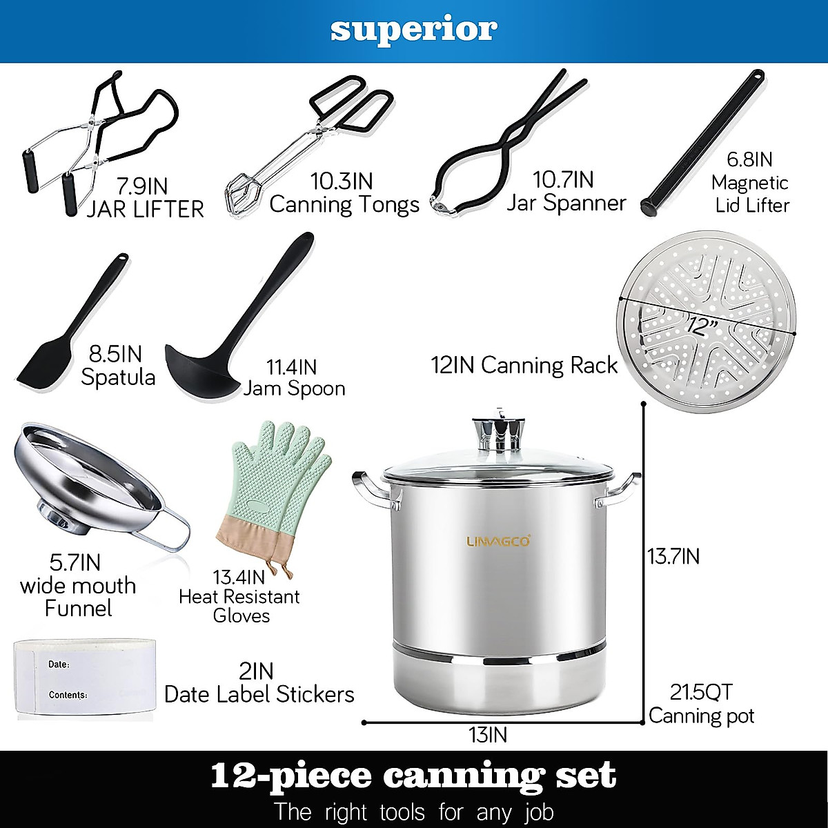LINMAGCO Canning Supplies Starter kit-Canning Pot, Water Bath Canner with Lid - Stainless Steel, Home Canning Tool Kit, Steam Canner with Rack for Canning