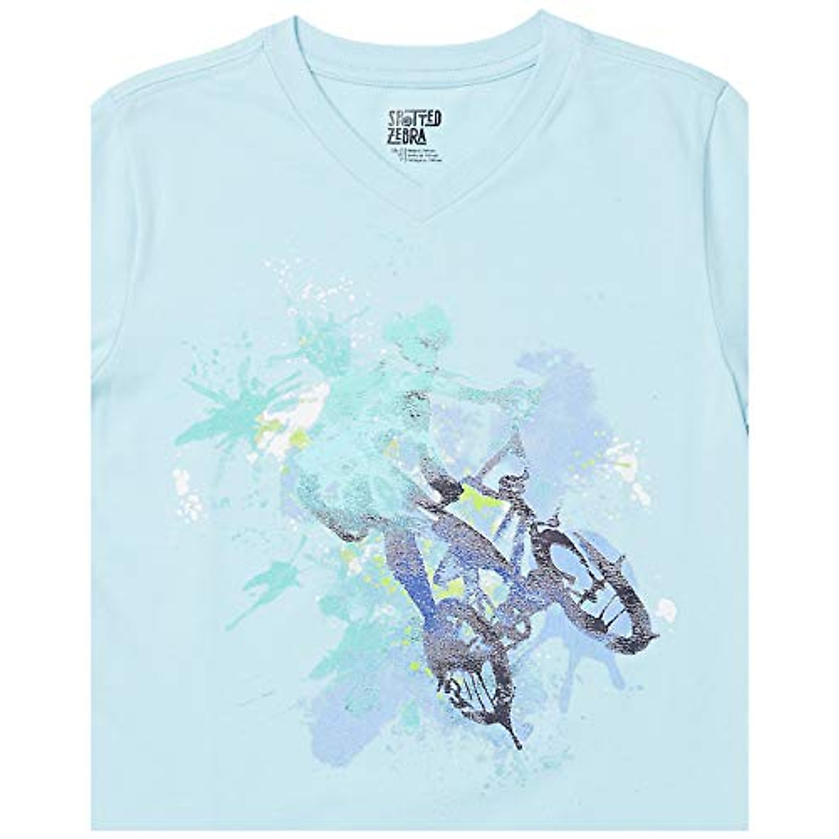 Amazon Essentials Boys' Short-Sleeve V-Neck T-Shirt Tops (Previously Spotted Zebra), Pack of 5, Green/Charcoal/Blue, BMX Print, Medium