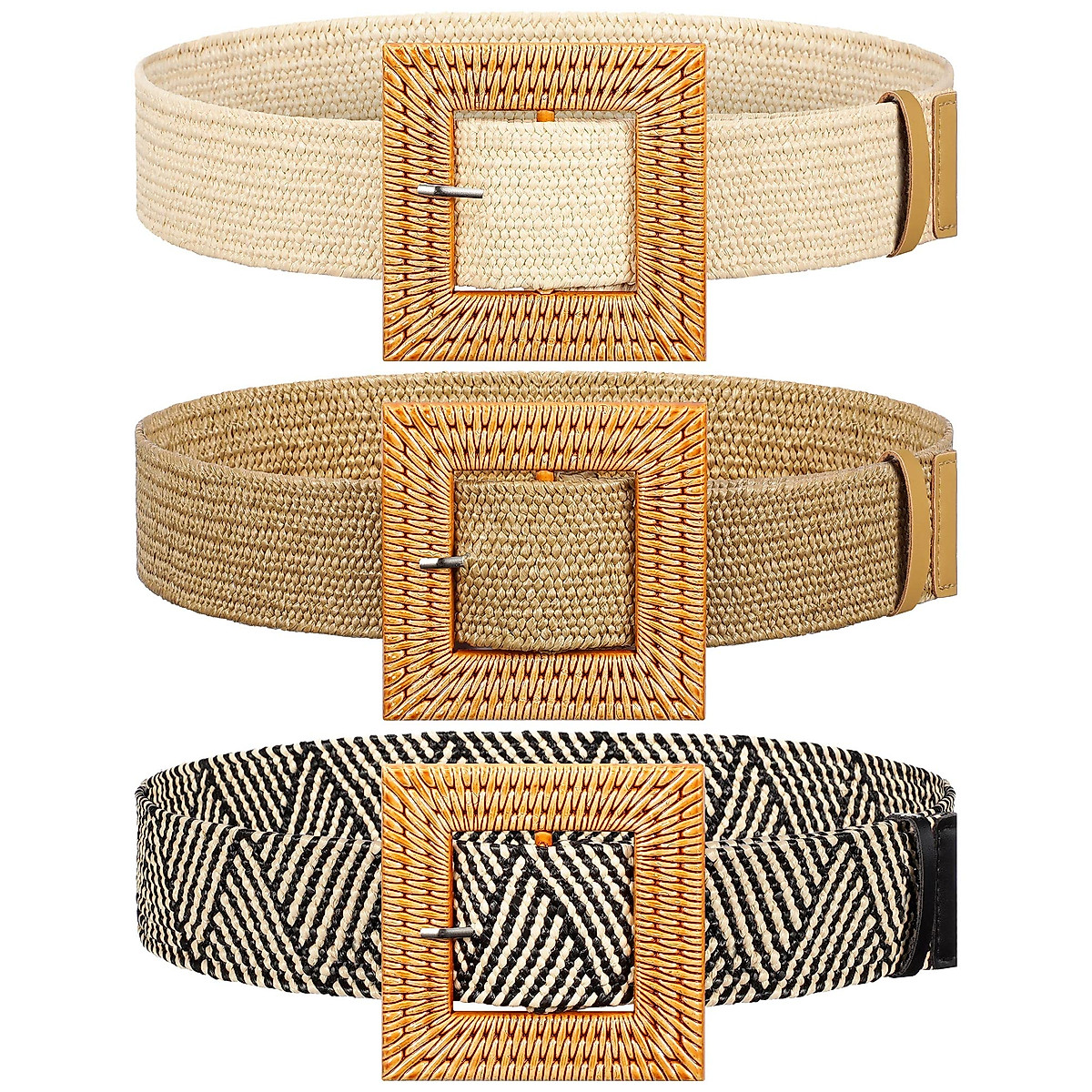 3 Pieces Straw Woven Belt Elastic Stretch Belt Boho Waist Belt Skinny Dress Braided Belt Wooden Buckle for Women