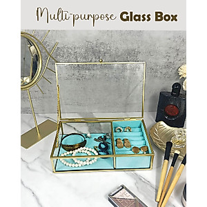Ylu Yni Glass Jewelry Organizer Box Clear Keepsake Case with Gold Frame with Velvet Trinket Tray, Display Box for Earring Ring, Necklace, Accessories.