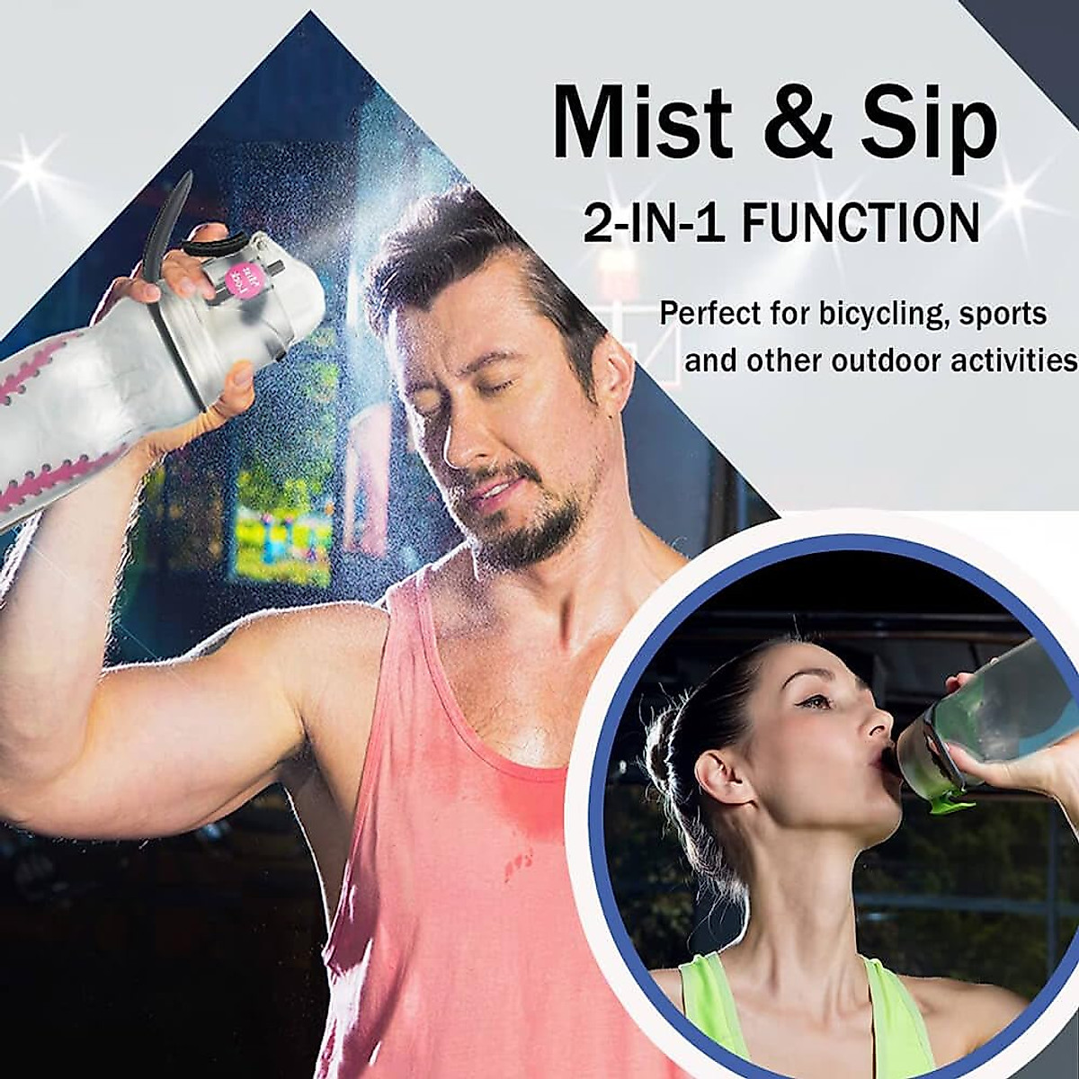 efiLneerG Insulated Sports Water Bottle with Spray Mist and Sip Kids Cool Misting Water Bottles School for Gym Cycling Running Climbing 20 OZ, Leak Proof Squeeze Cold Water Bottle Baseball